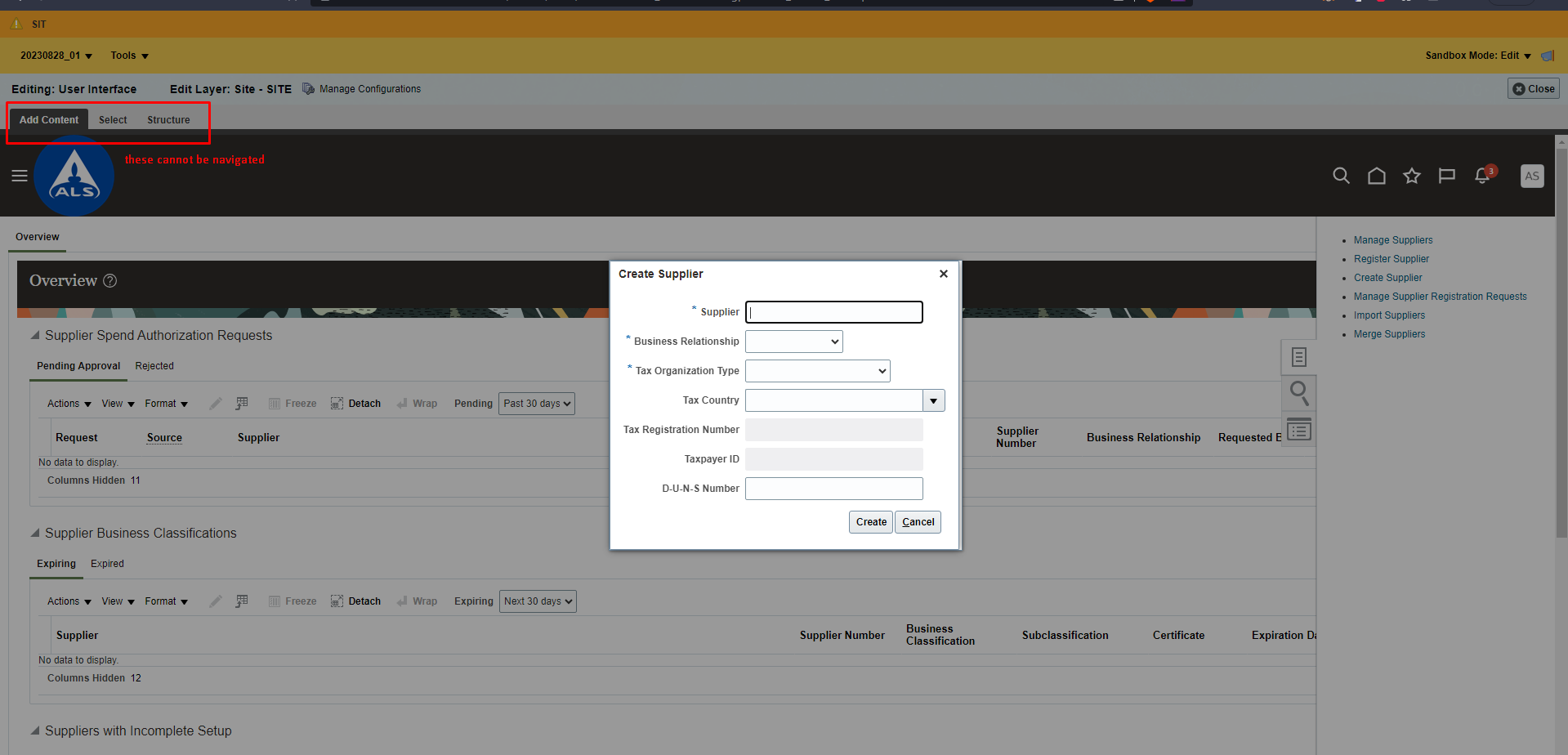Sandbox Page Composer edit pop up page — Cloud Customer Connect