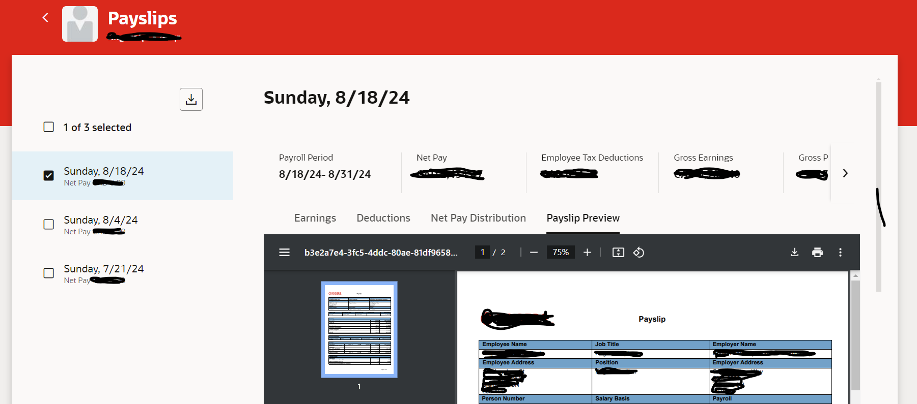 Payslip - Default Payslip Preview tab in Payslip page Redwood UI ...