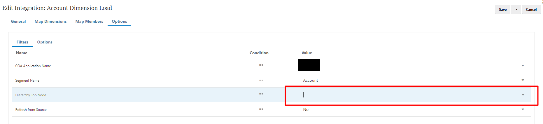 Not Able To See Hierarchy Top Node In Options Tab In Data Integration — Cloud Customer Connect