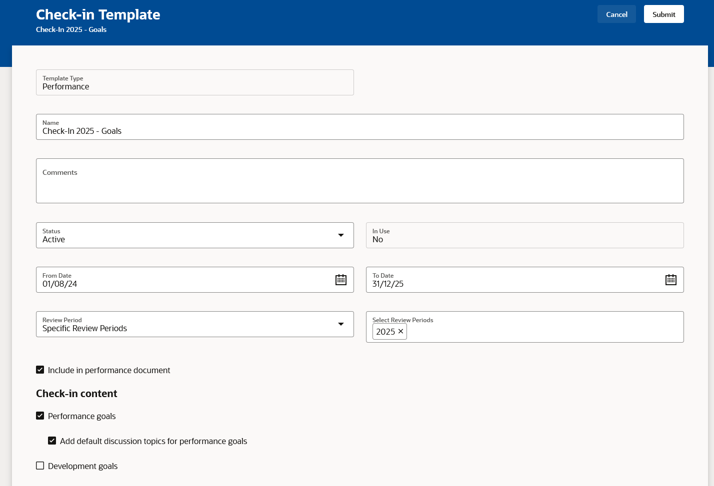 Check-In Template - selecting a specific goal plan — Cloud Customer Connect