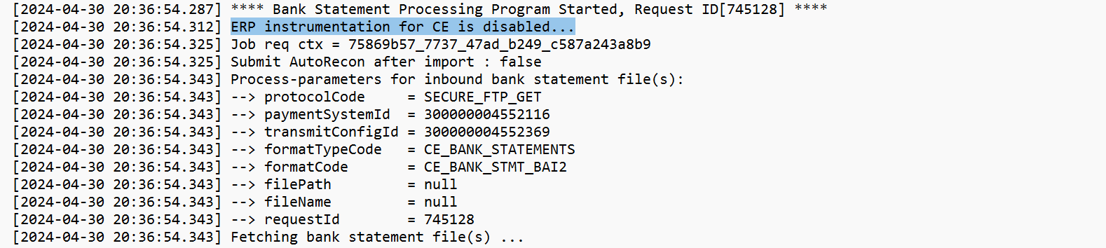 how to enable CE ERP instrumentation - Error when trying to run Process Electronic Bank ...