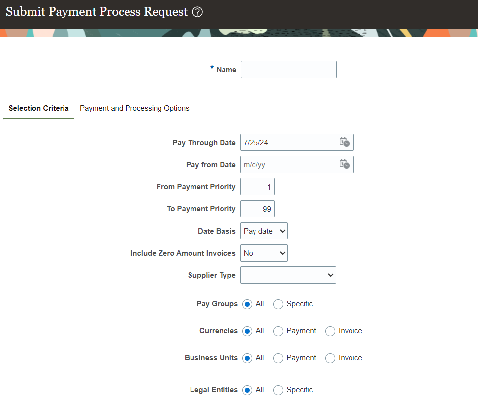 How to submit a payment process request with selection criteria of ...