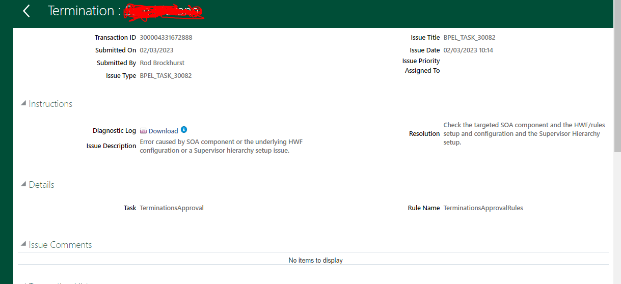 Query to pull error details of failed terminations from transaction console — Cloud Customer Connect