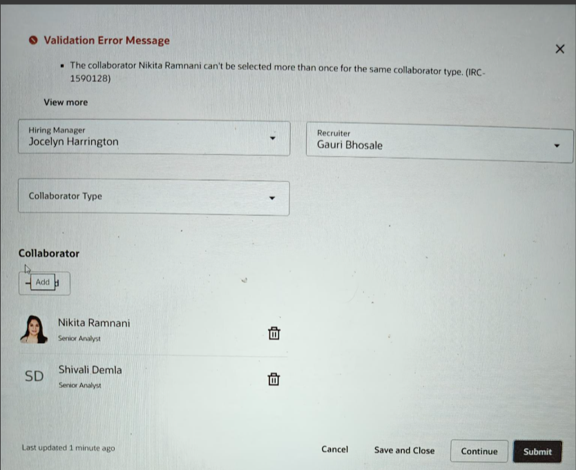 Error Encountered When Adding Collaborator During Requisition Creation — Cloud Customer Connect