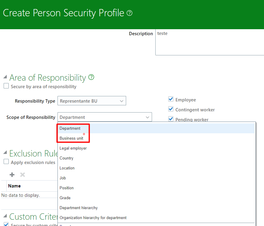 How do I create a Person Security Profile to restrict role access by department + business unit ...