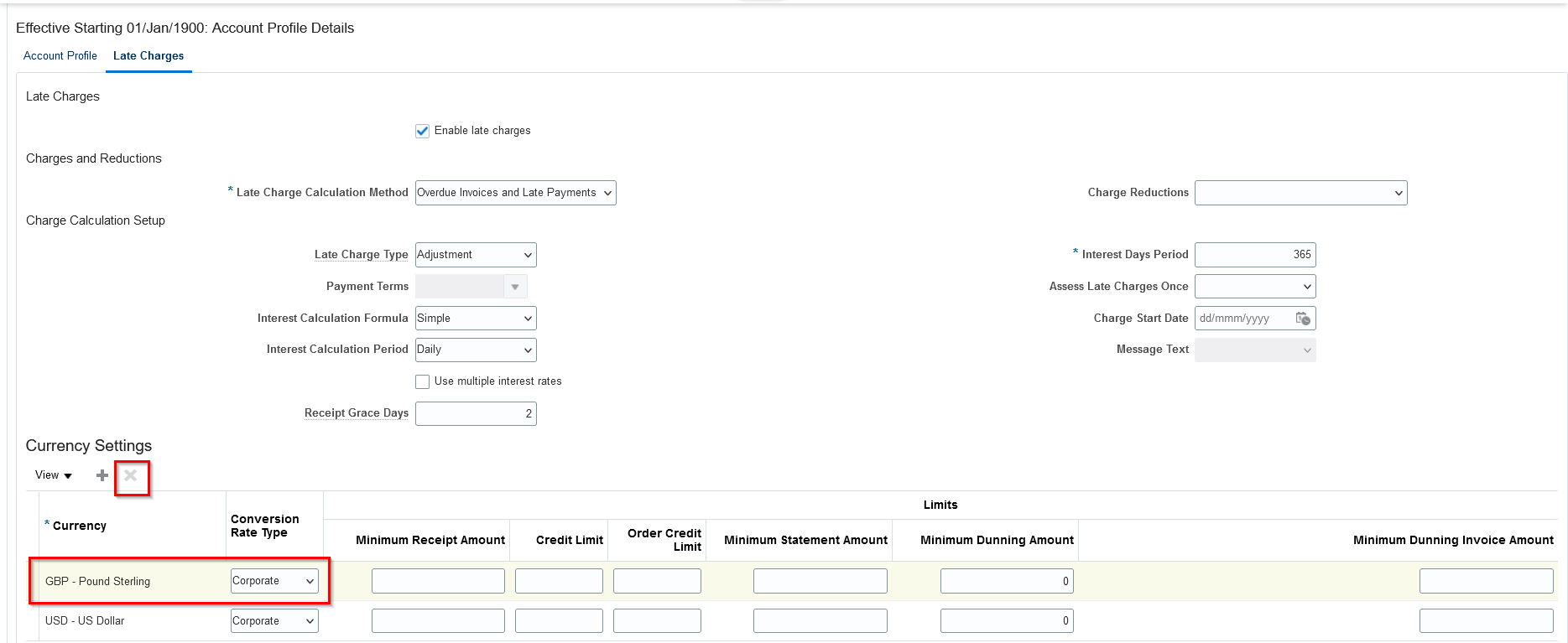 How can we delete the Currency in Late Charges tab in Customer Profile — Cloud Customer Connect