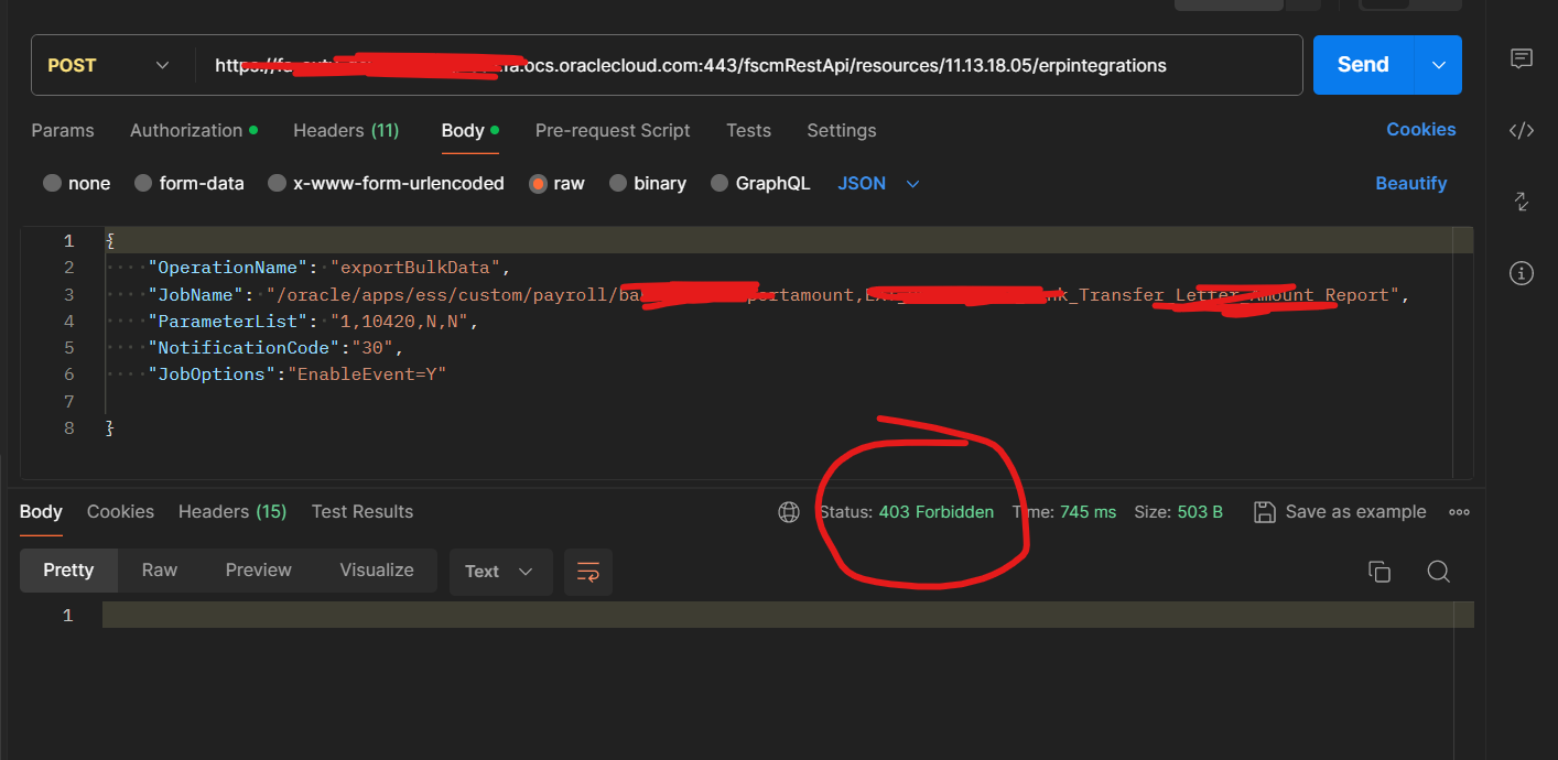 403 forbidden error from /erpintegrations fusion rest api, seeking to know required privilege ...