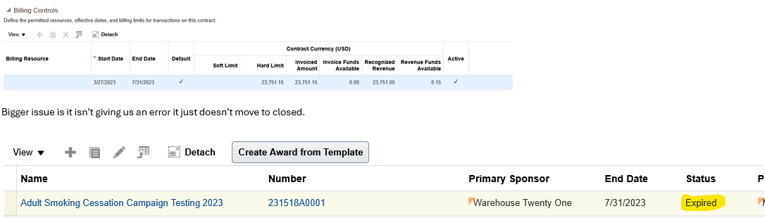 Contract Closure Validation for Project Contracts — Cloud Customer Connect