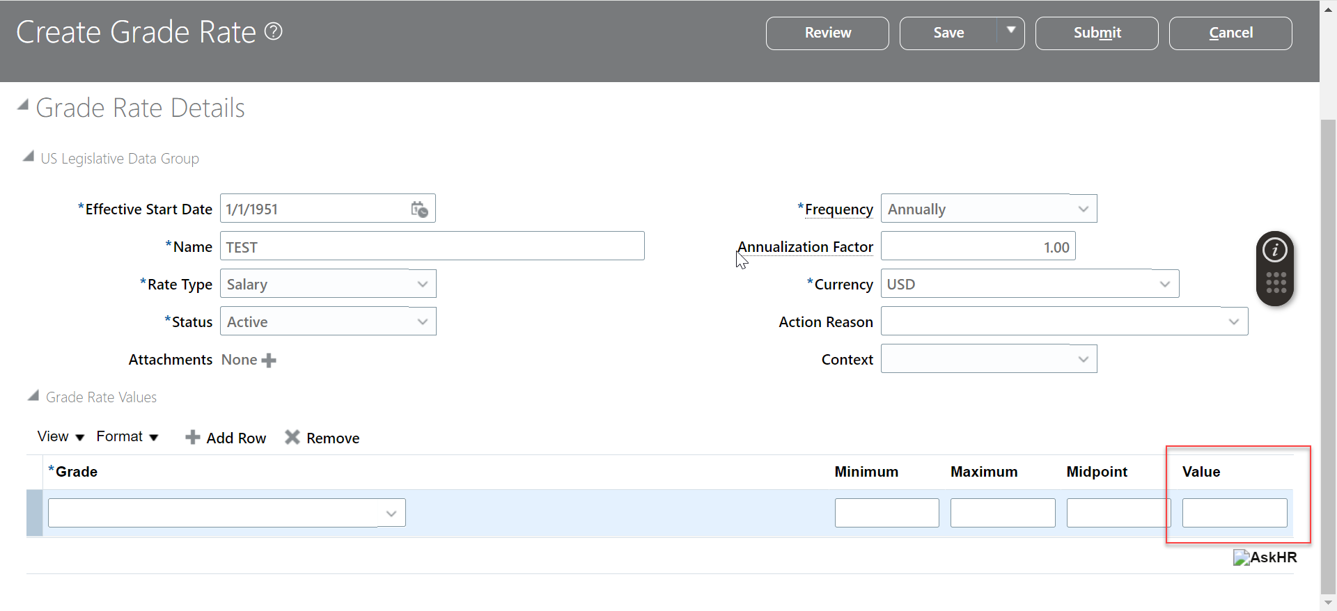 What is the purpose of the value field when creating a grade rate and ...