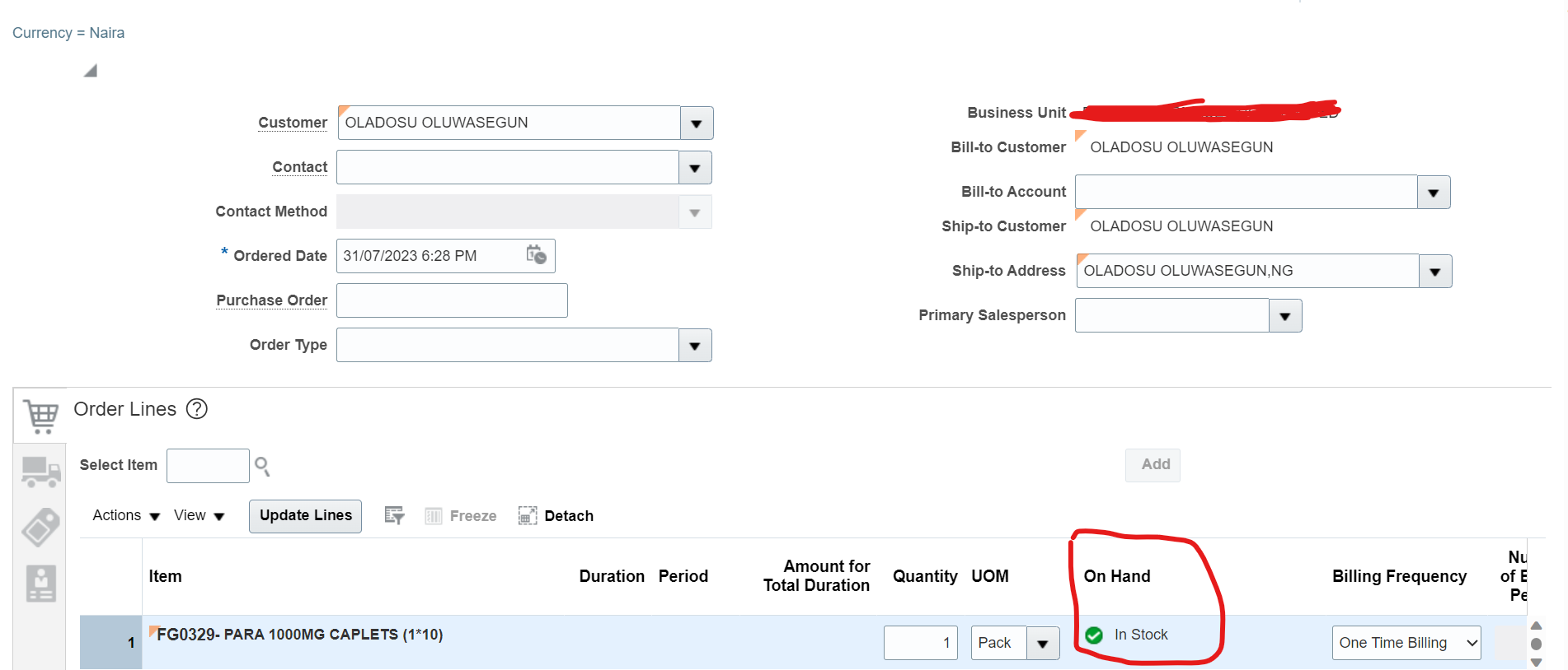 See Onhand Quantity balance during Sales Order creation instead of seeing In-Stock as the on ...