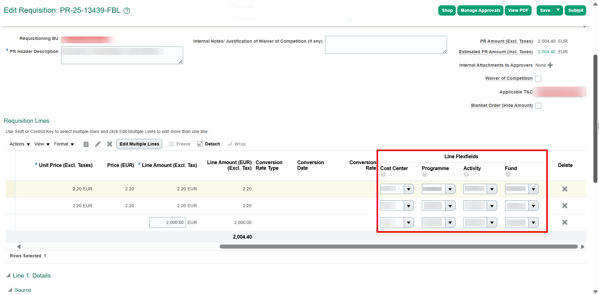 Charge account flex fields to be editable on PR line level when in ...