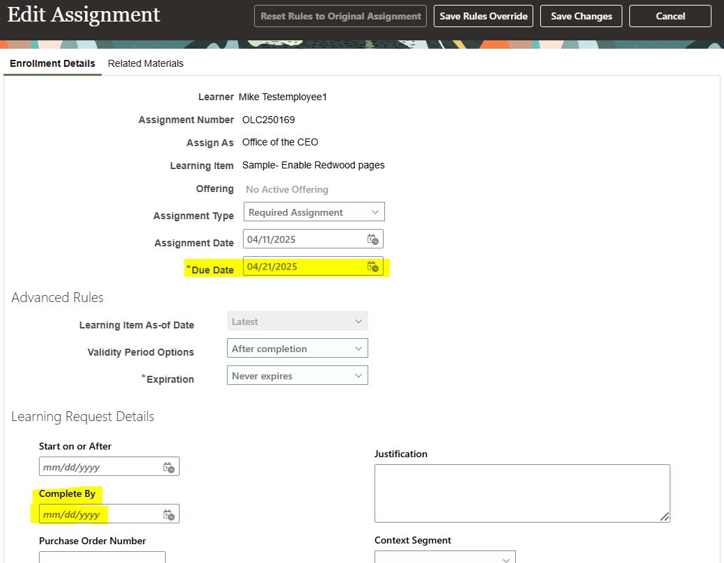Difference between due date and completed by dates in learning ...