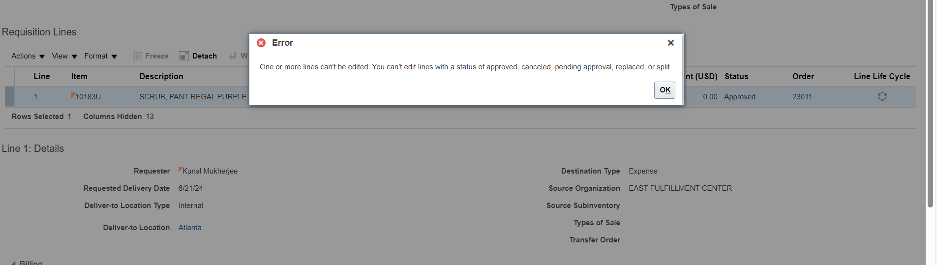 Unable To Edit Requisition Which Has Been Approved And An Purchase Order Has Been Created Ssp