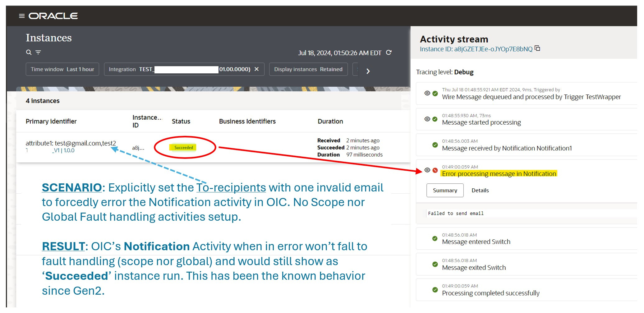 OIC Notification Activity Fails but Instance Run Status is Succeeded — Cloud Customer Connect