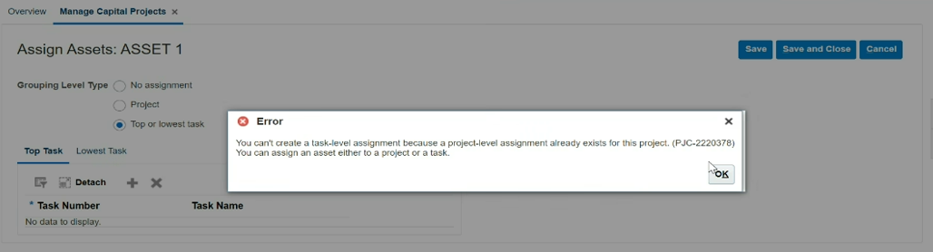 not able assign asset at task level — Cloud Customer Connect