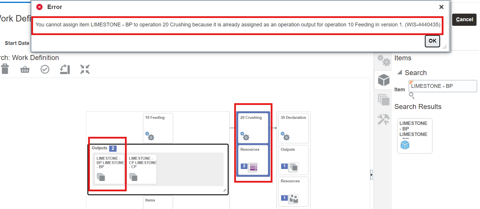 Can't use the output of a previous operation as input for the next operation in same Work ...