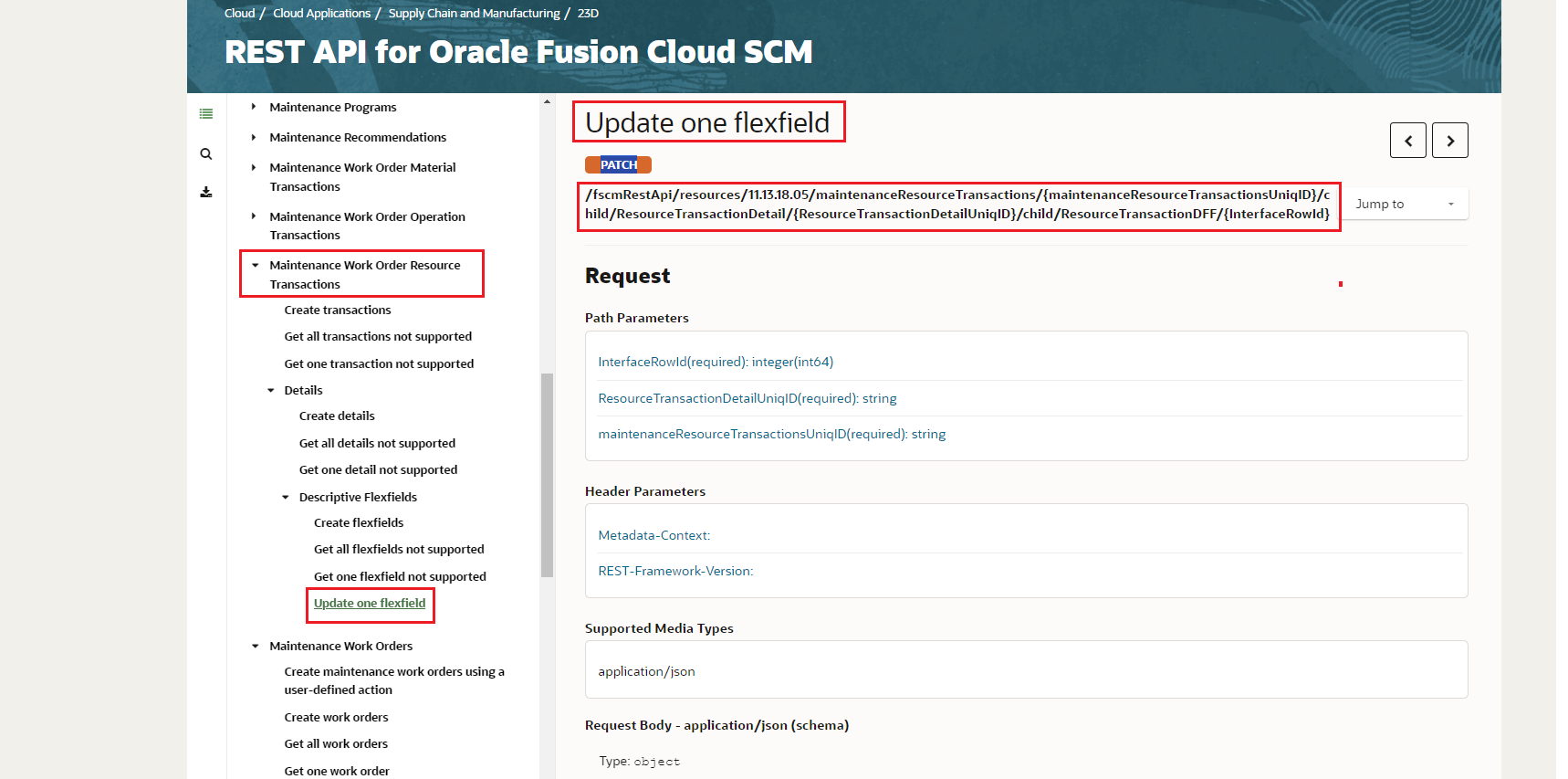 REST API Oracle Fusion SCM > Maintenance Work Order Resource Transa >Update one flexfield>Status ...