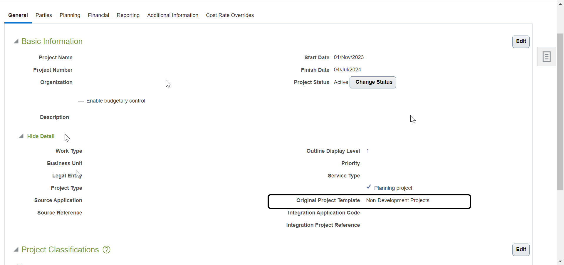Ability to change template name and project unite in project page after ...