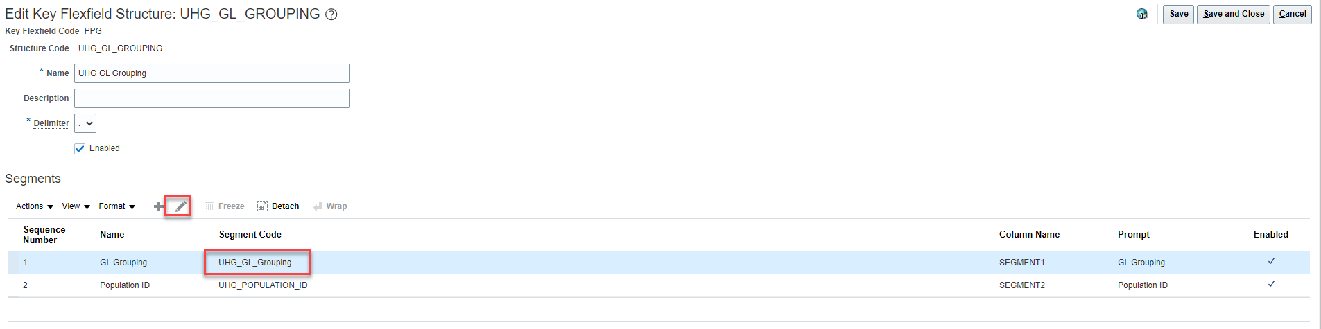 Edit Segment code for key flexfield — Cloud Customer Connect