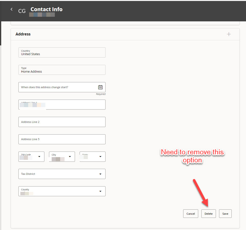 How can you hide the "Delete" button on Addresses on the Contact Info page? — Cloud Customer Connect