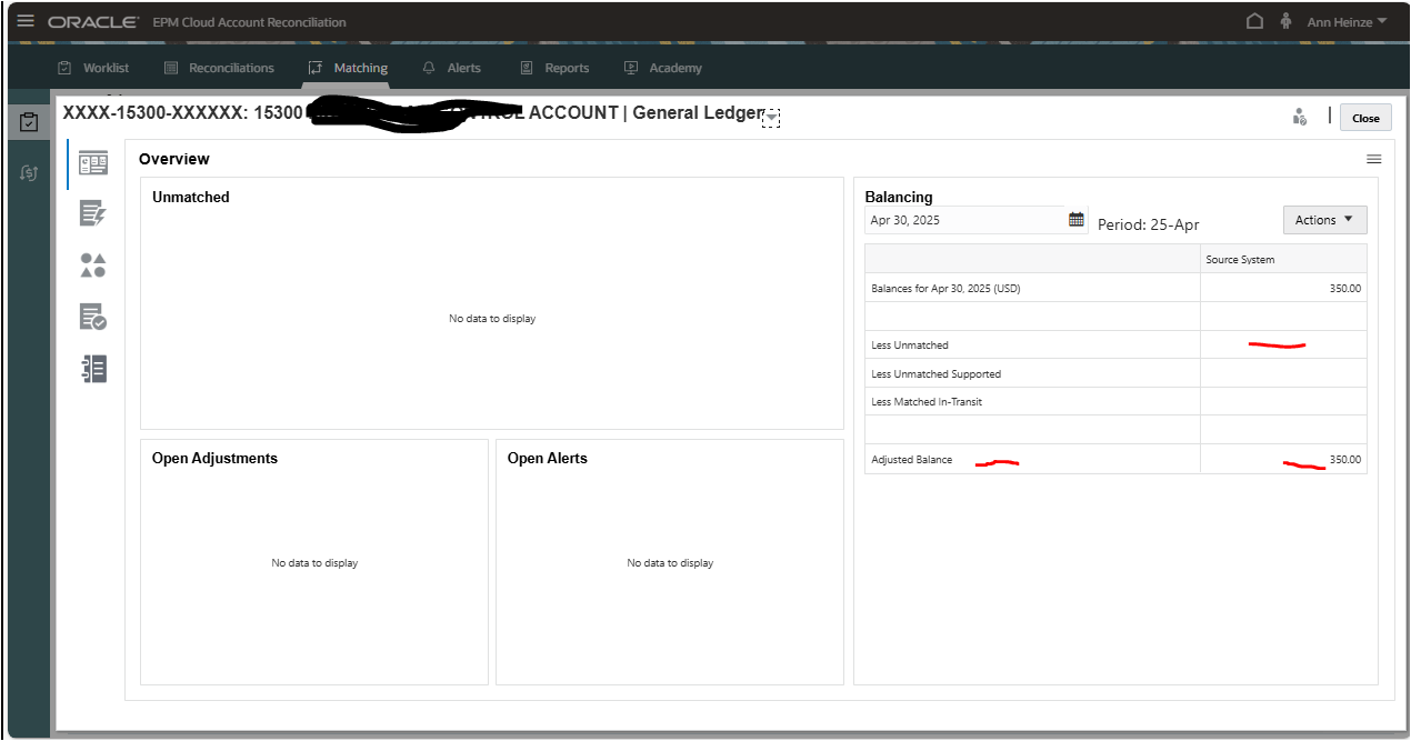 Need column in Matching Card view for TM account 'Adjusted Balance ...