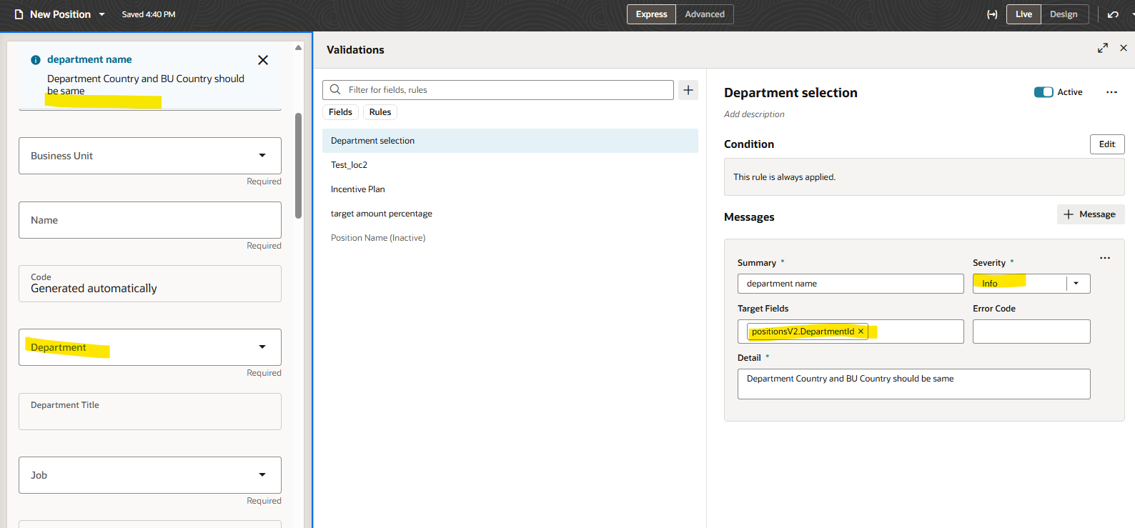 Request a new position - Validation rule to display info text for Dept field is not working ...