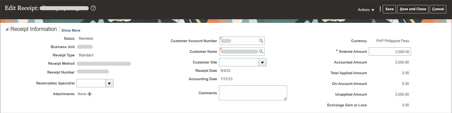 How to display Document Number field directly in Receipt Header — Cloud Customer Connect