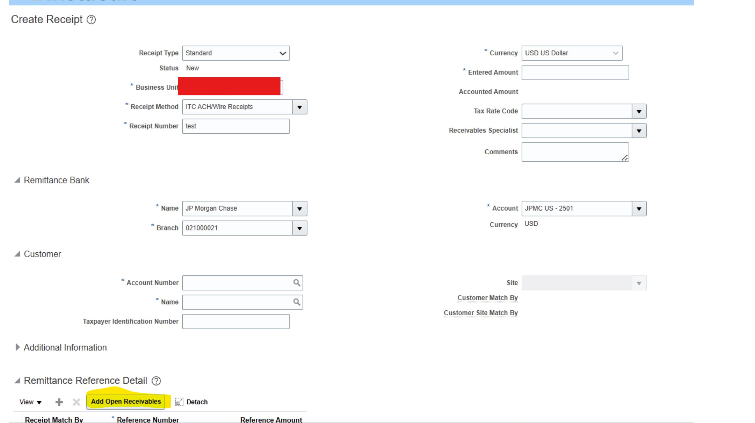 How to add transaction business units in create receipt "Add Open Receivables" — Cloud Customer ...