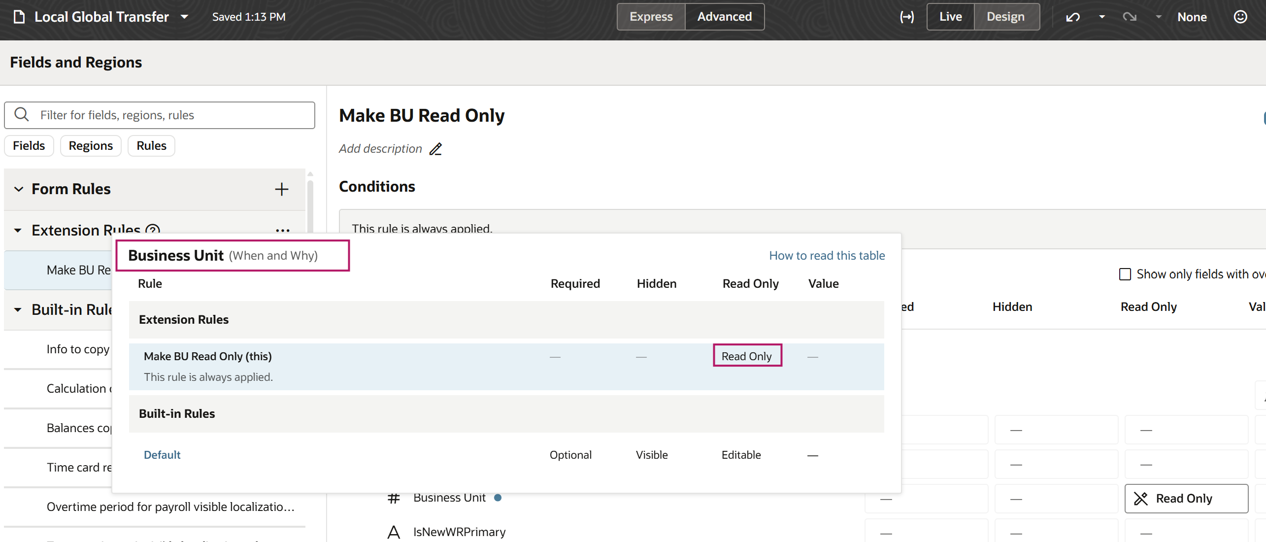 Cannot Make the Business Unit field Read Only in the When and Why section — Cloud Customer Connect