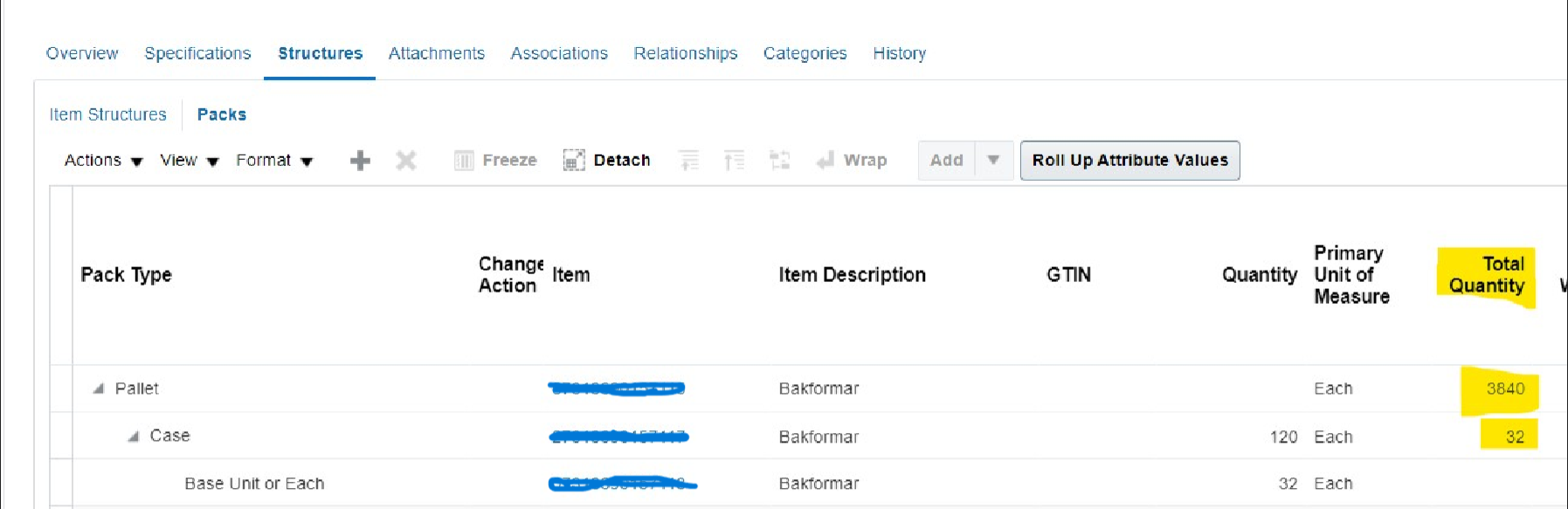 Table and Column Details for Total Quantity field in Pack Structure ...