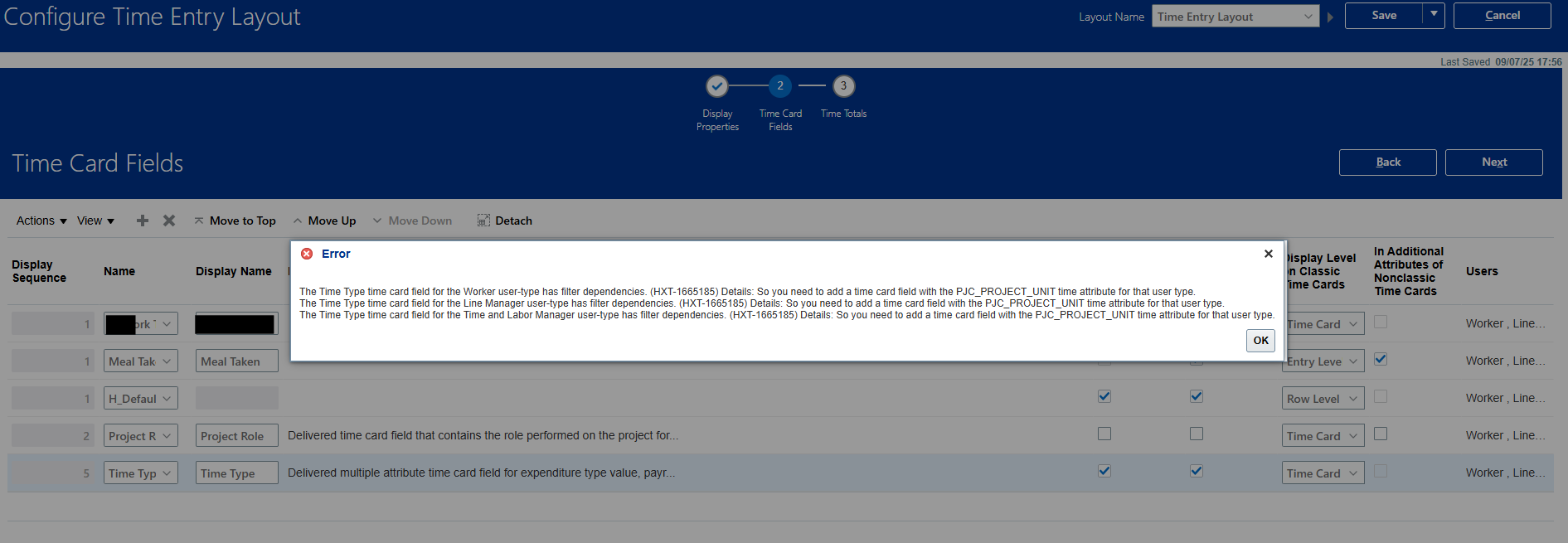 Error message on configure Time entry layout "need to add a time card ...