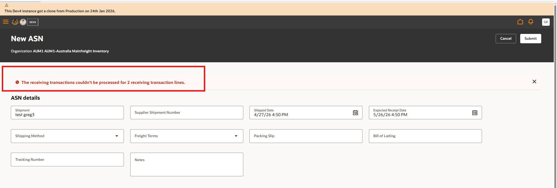 The receiving transaction couldn't be processed for receiving ...