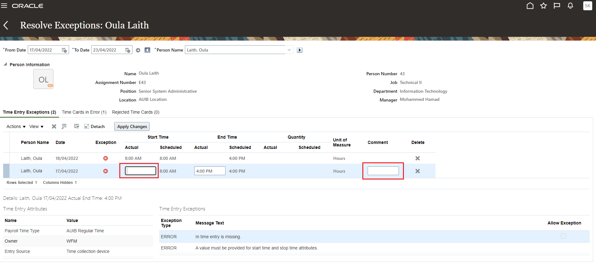 Time Entry Exception > Resolve Exception UI > Disable Edit of Time Card ...