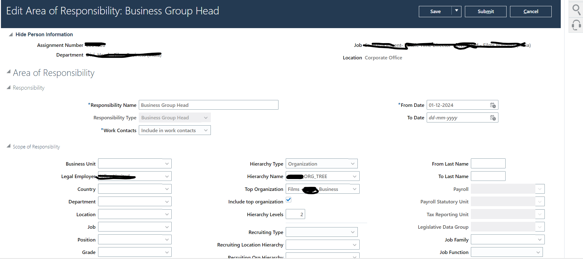 Person Security profile based on Organization hierarchy and legal entity — Cloud Customer Connect