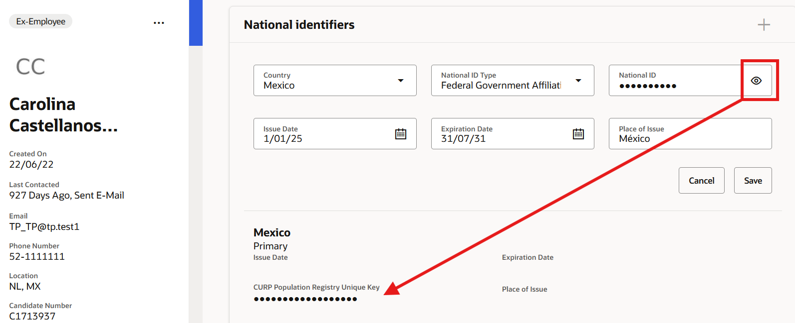 Click the eye icon to preview the National Identifiers in the candidate ...