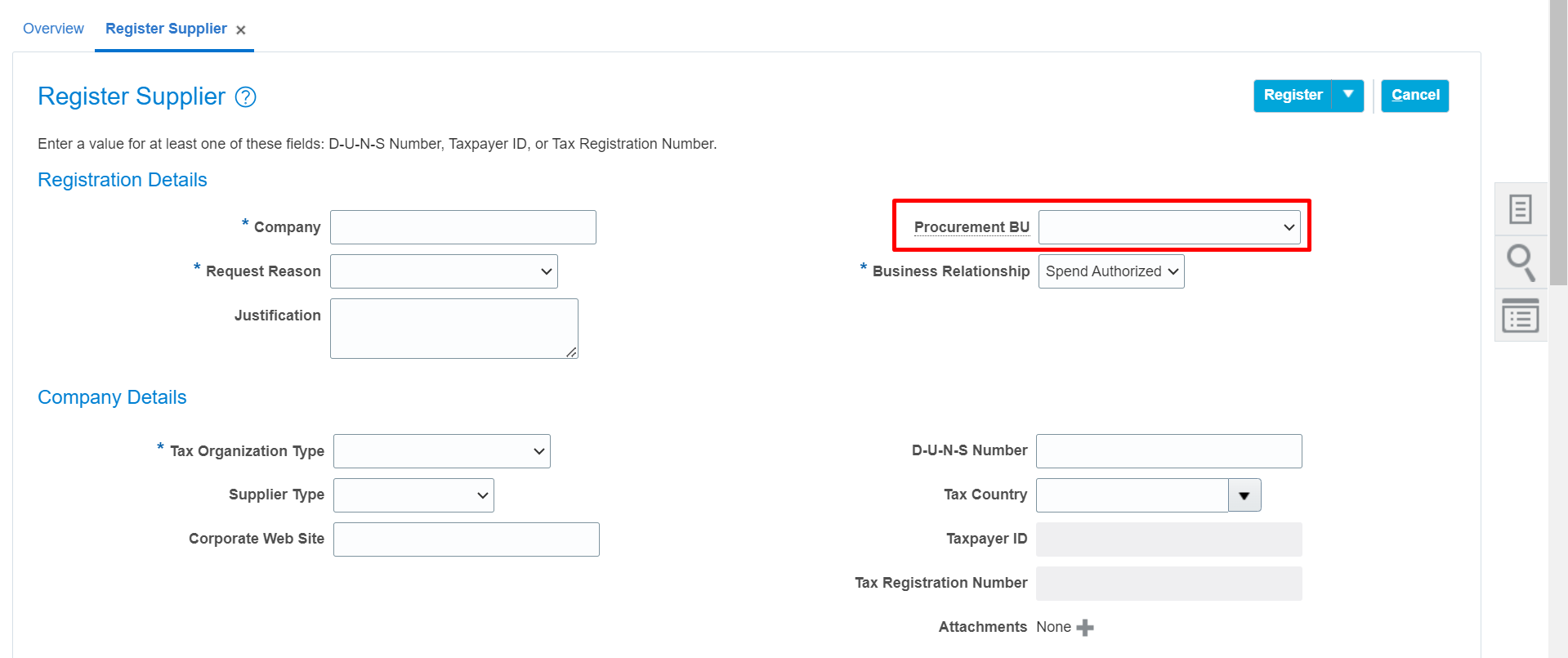 What is the purpose of Procurement BU at Register Supplier level ...