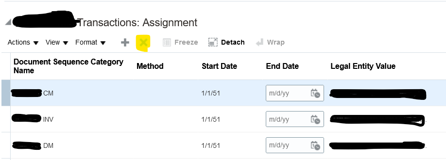 I see that delete option is not enabled for Document Sequence Assignment — Cloud Customer Connect