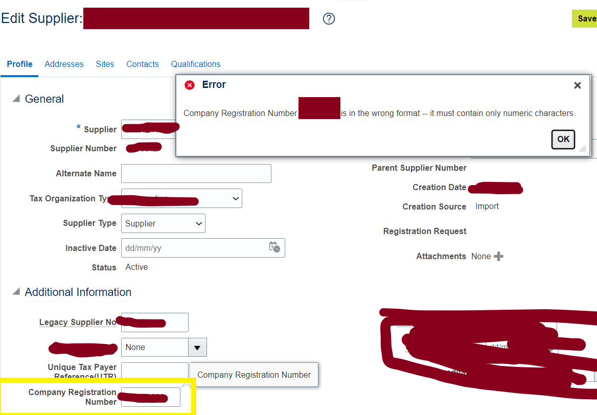 Edit ‘Company Registration Number’ field in Oracle in order to accept ...