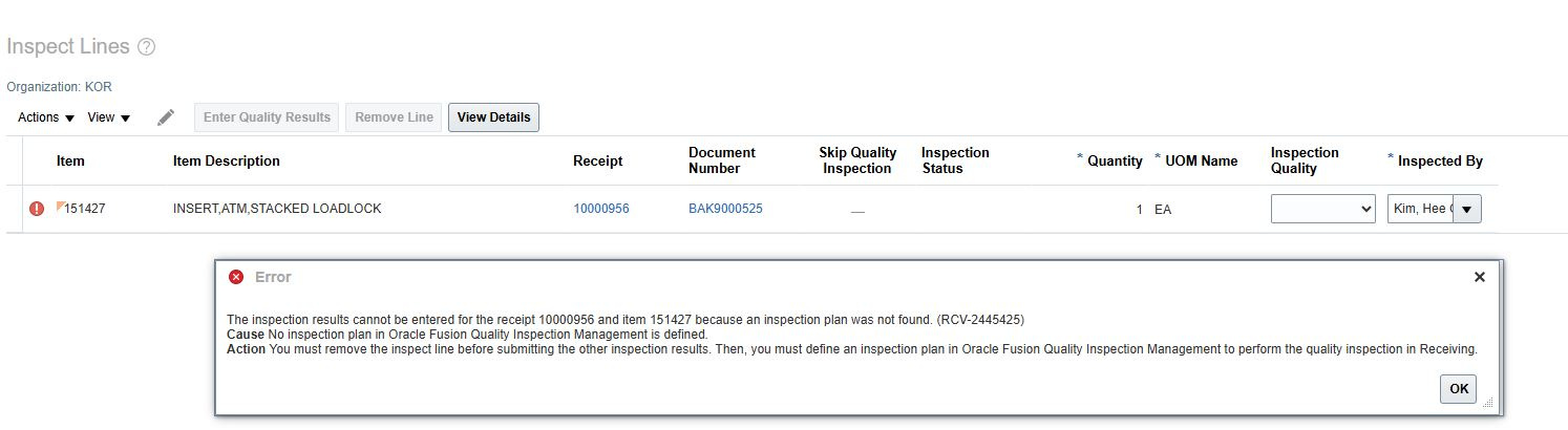Unable to Progress Inspections Under 'Inspect Receipts' Without ...