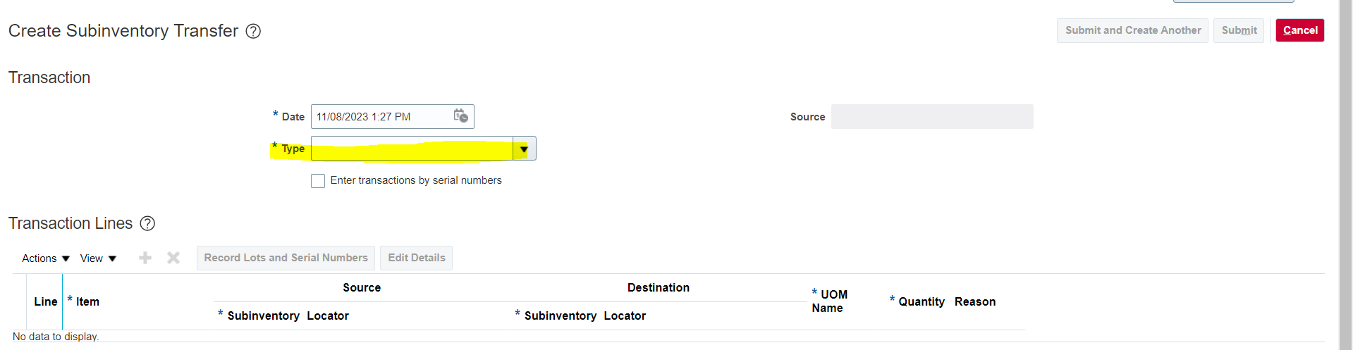 Default Transaction Type LOV in Create Subinventory Transfer Page — Cloud Customer Connect
