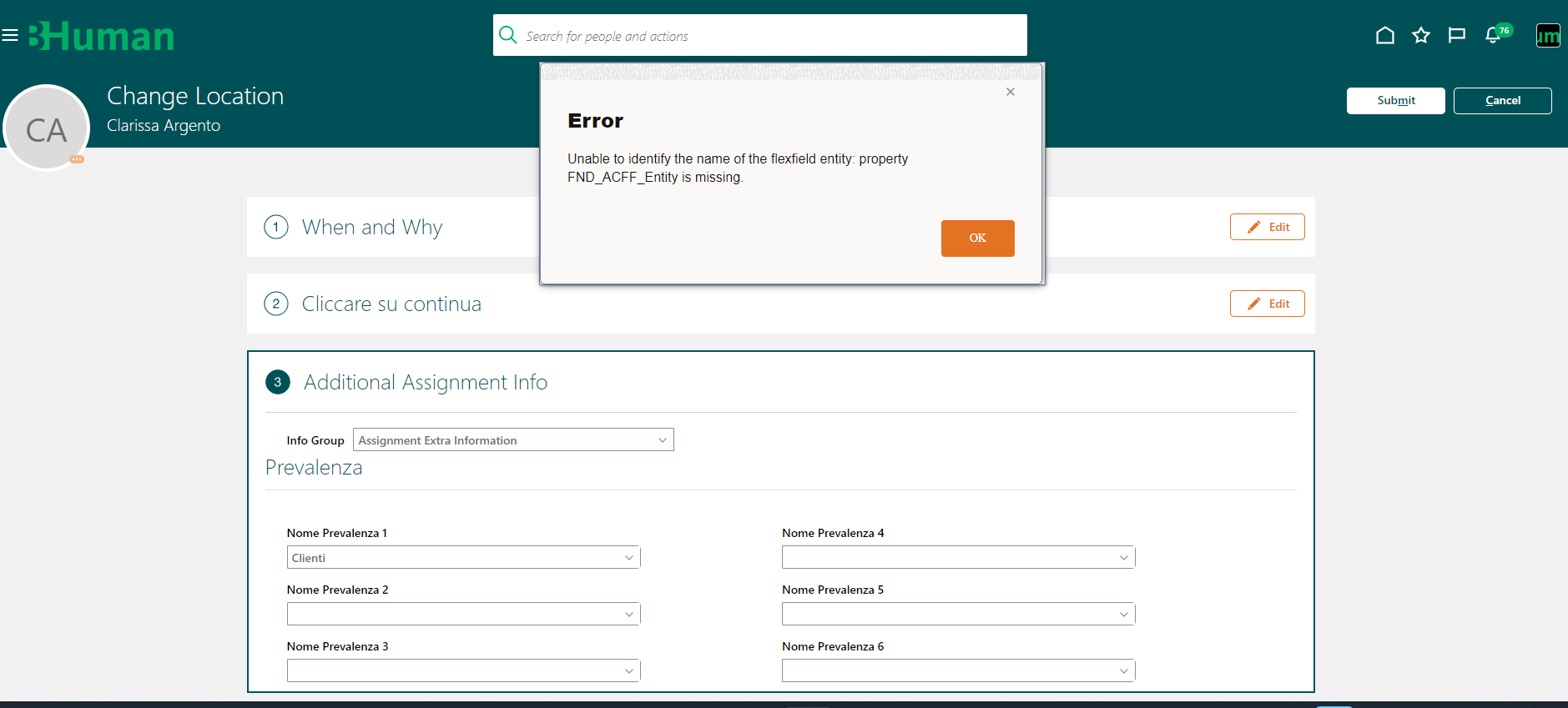 A pop-up error appears when populating flexfields in additional assignment information — Cloud ...