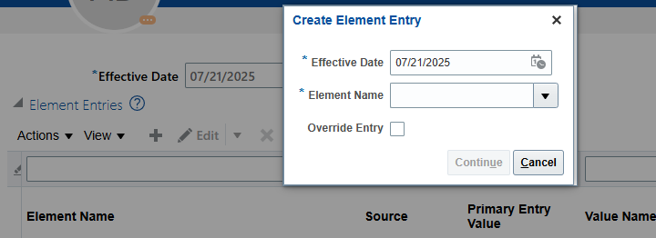Restrict Ability to Create Element Entry — Cloud Customer Connect
