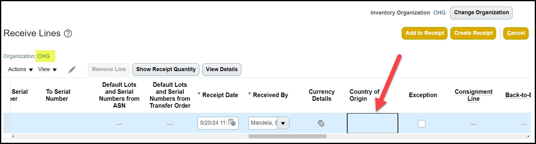 Is there an option to enable the "Country of Origin" field in Receive ...