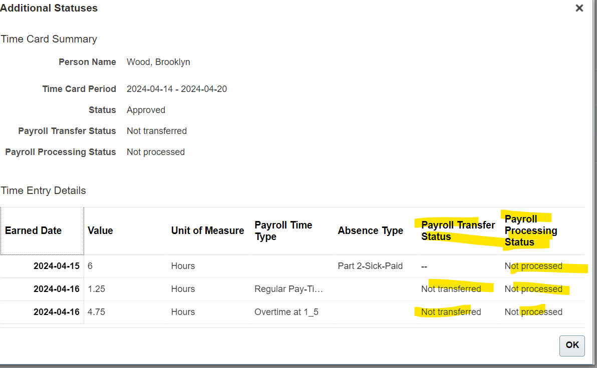 Table for Payroll Transfer Status and Payroll Processing Status — Cloud Customer Connect