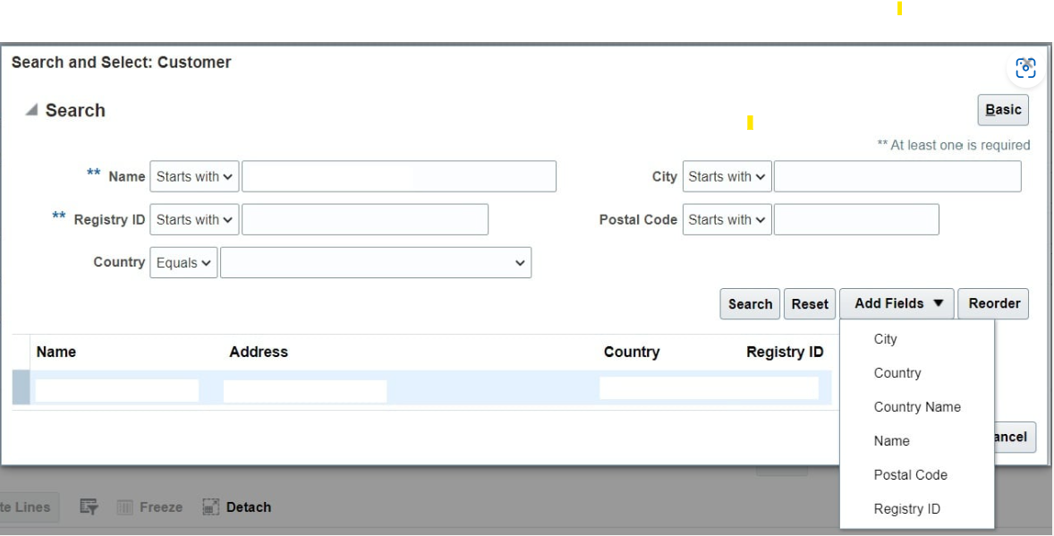 Fusion SAAS Application Sales order Creation page > Customer Search ...