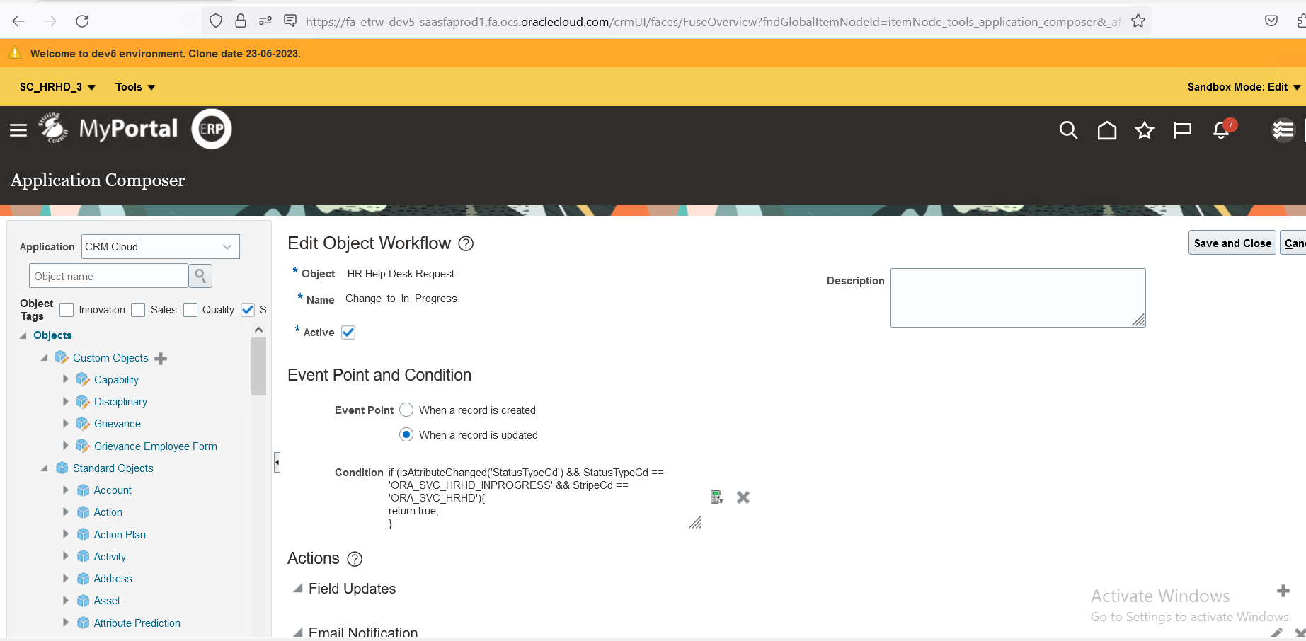 Unable to create email notification when the SR Status change from "New" to "In Progress ...