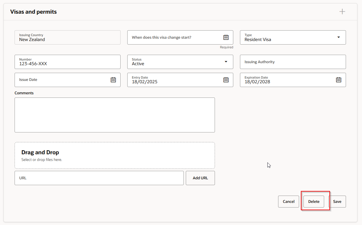 Is it possible to hide the delete button when editing visa and permits — Cloud Customer Connect