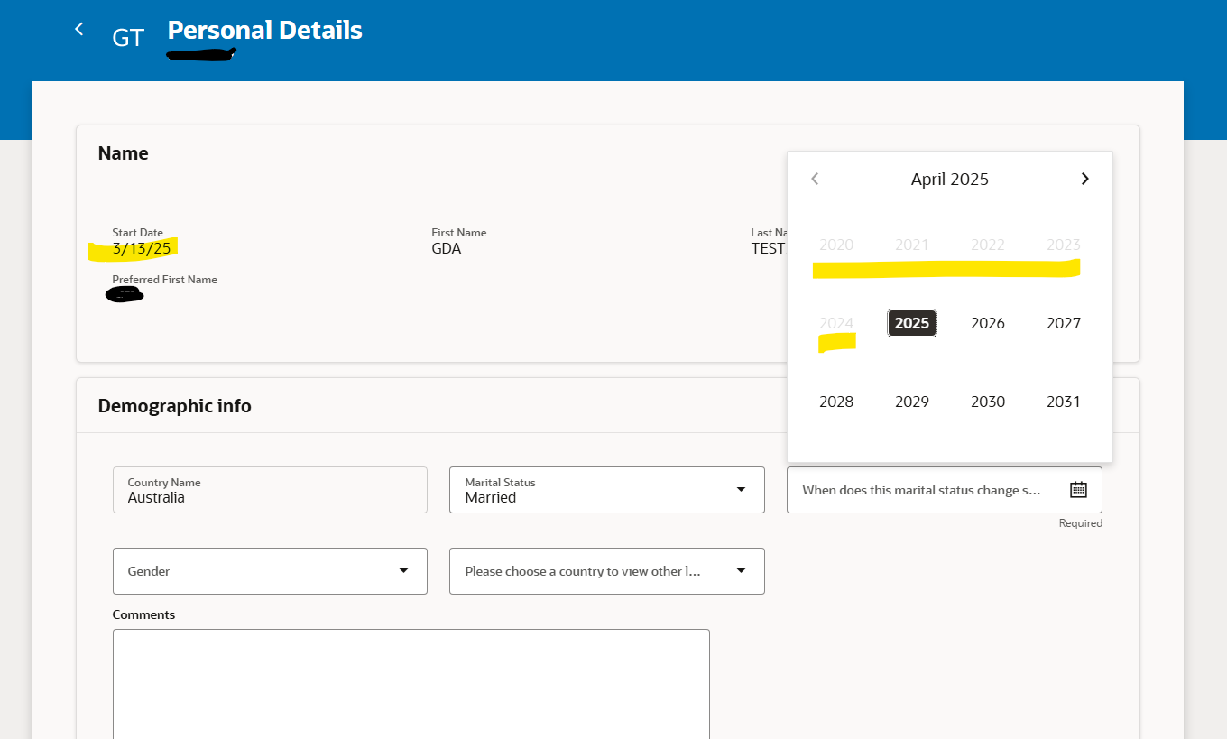 Personal details-When does this marital status change date field is not showing prior calendar ...