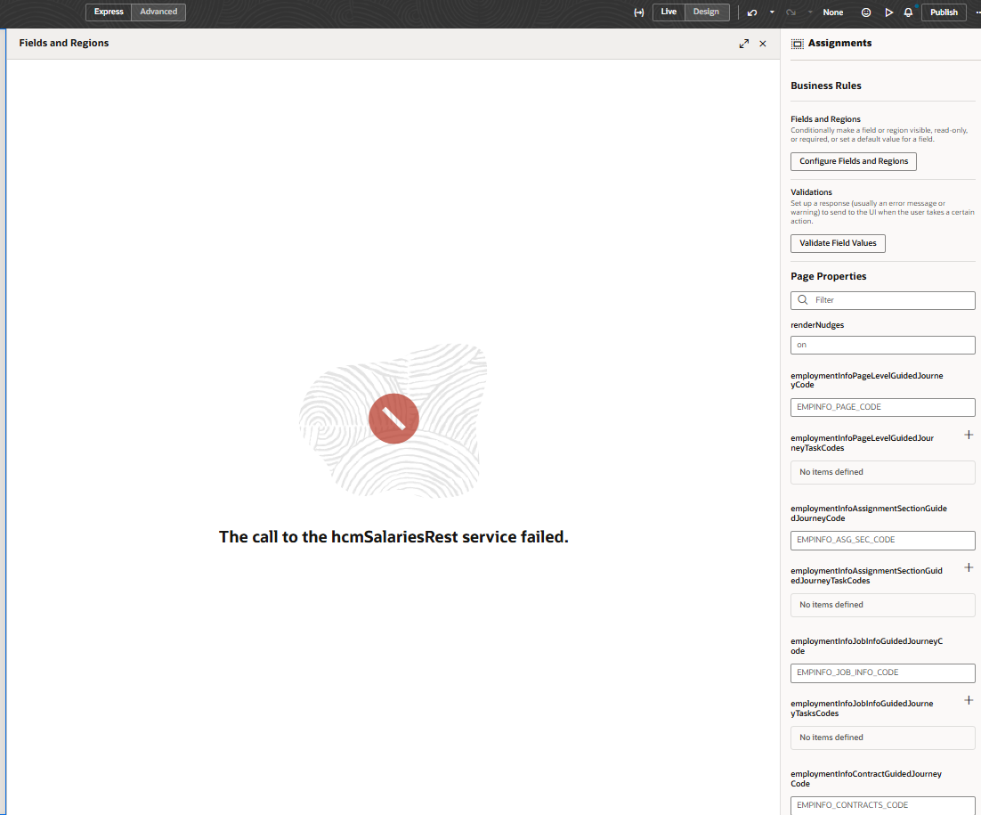 Why does "hcmSalariesRest service failed" appear in Configure Fields ...