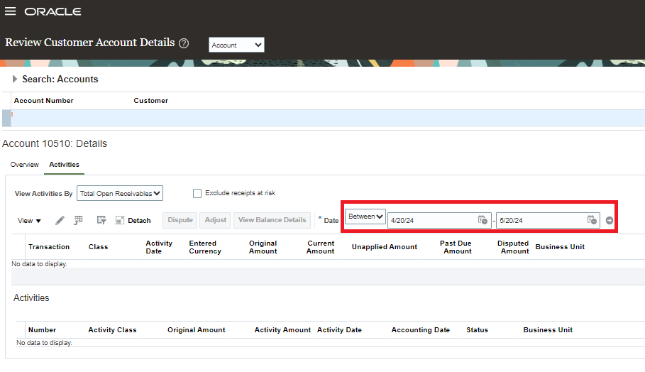 Change default value from "Between" to "Before" on 'Review Customer Accounts' Activities page ...